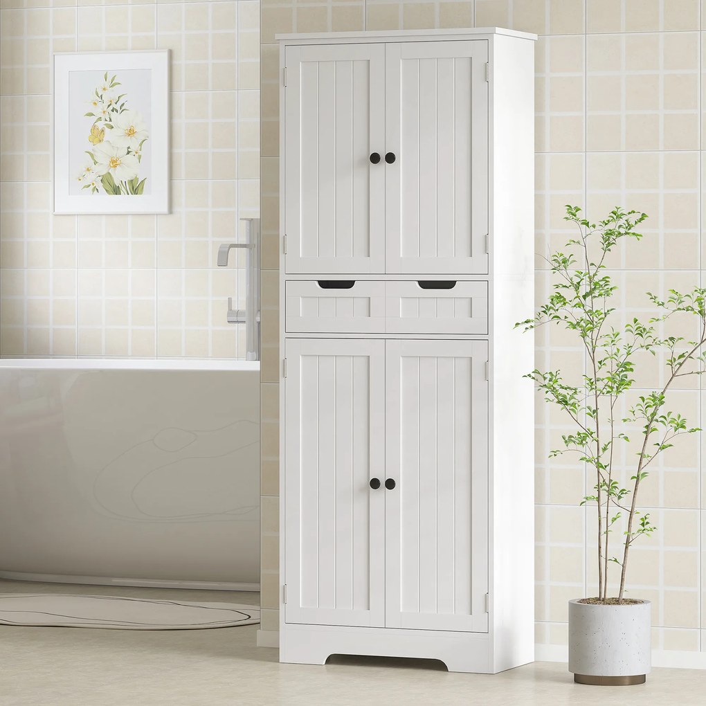 HOMCOM Koupelnová skříňka, úložná skříňka se zásuvkou a 4 dveřmi, moderní design, 60 x 30 x 160 cm, bílé