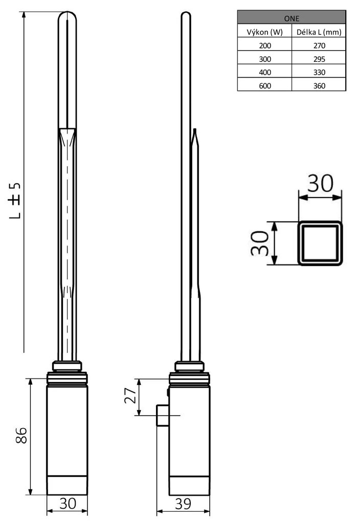 Sapho, ONE topná tyč s termostatem, 300W, chrom, ONE-C-300