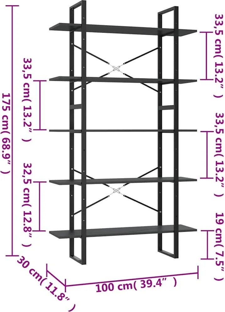 Knihovna s 5 policemi šedá 100 x 30 x 175 cm borové dřevo 3082000