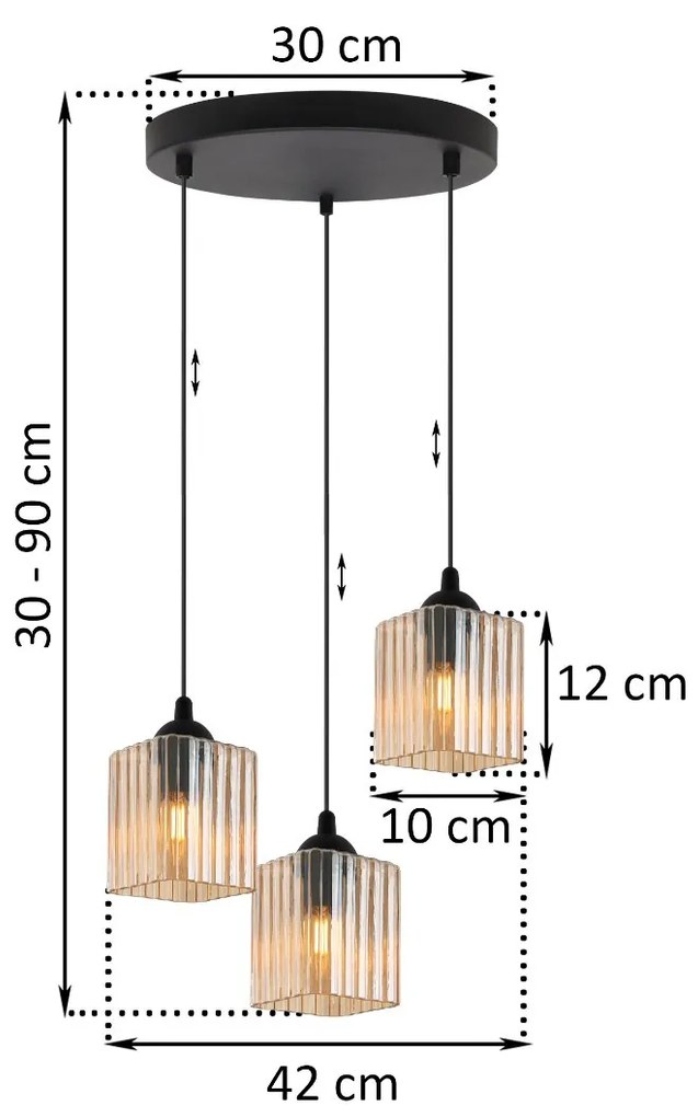 Závěsné svítidlo Riffle Square, 3x medové skleněné stínítko, b, o
