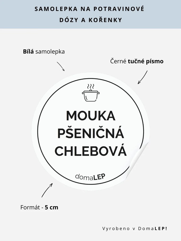 MOUKA PŠENIČNÁ CHLEBOVÁ - omyvatelná samolepka na dózu, výběr rozměrů Ø 5 cm / 5 x 5 cm / 6 x 8 cm | DomaLEP