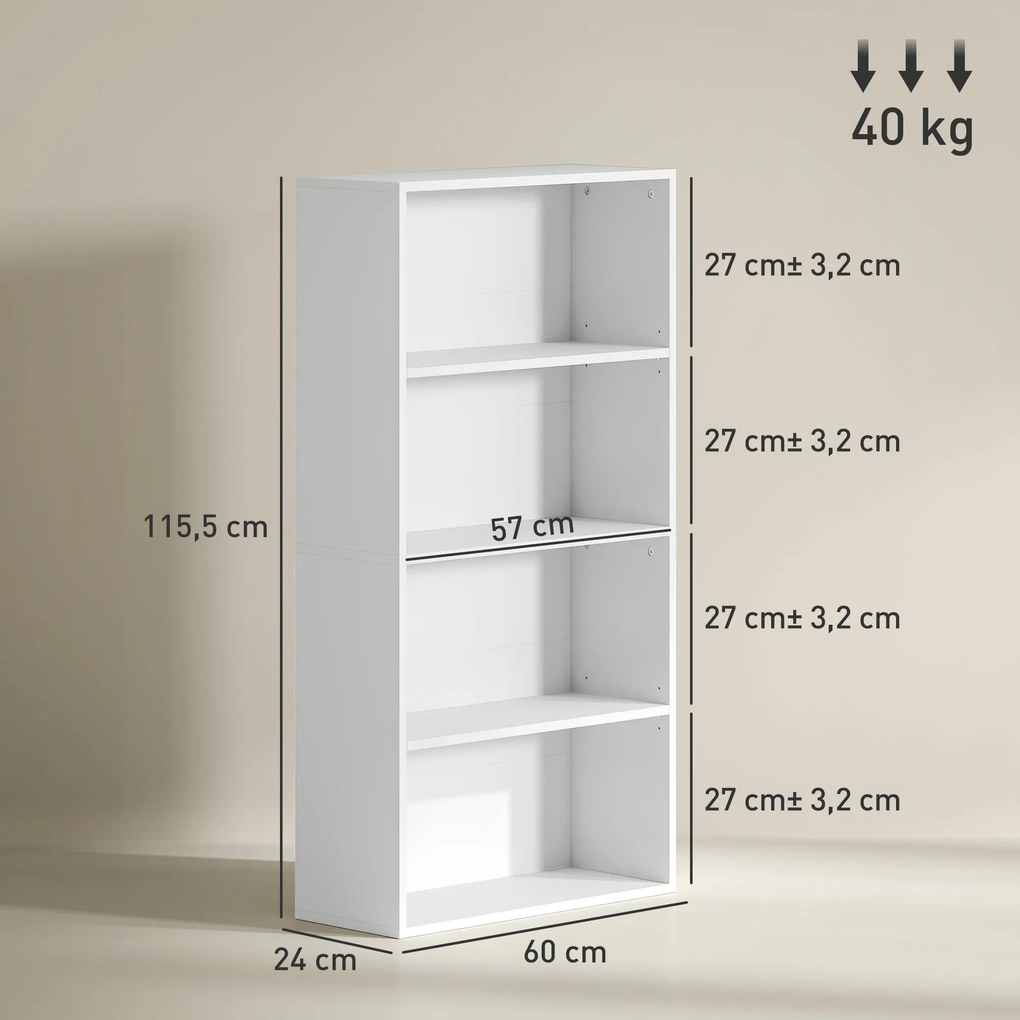 HOMCOM 4-policová knihovna se 2 nastavitelnými policemi pro obývací pokoj, kancelář, ložnici 60x24x115,5 cm Bílá