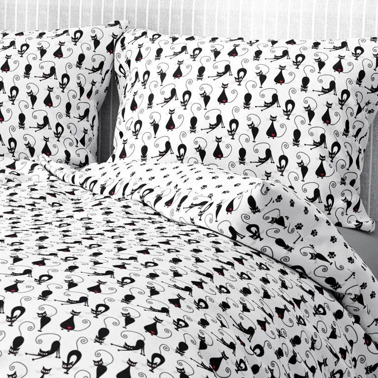 Goldea bavlněné ložní povlečení - vzor 570 černé kočky a tlapky 140 x 200 a 70 x 90 cm