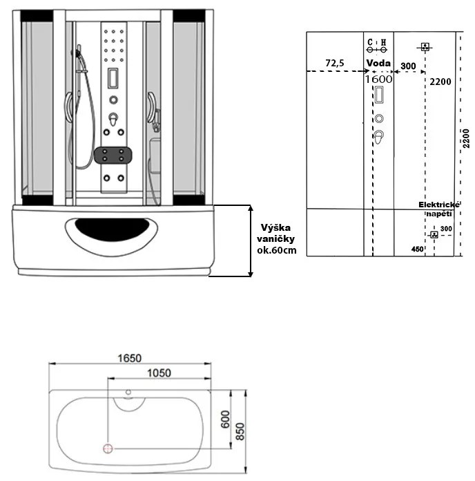 BPS-koupelny Hydromasážní box HYD-O99B 165x85, bez sauny v kombinaci s hydromasážní vanou