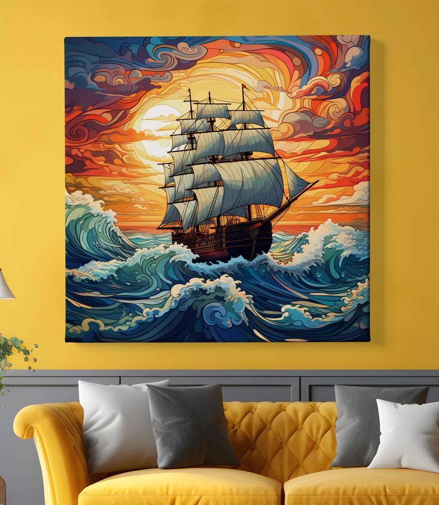 Obraz na plátně - Plachetnice Odyssea na moři s barevnými mraky FeelHappy.cz Velikost obrazu: 120 x 120 cm
