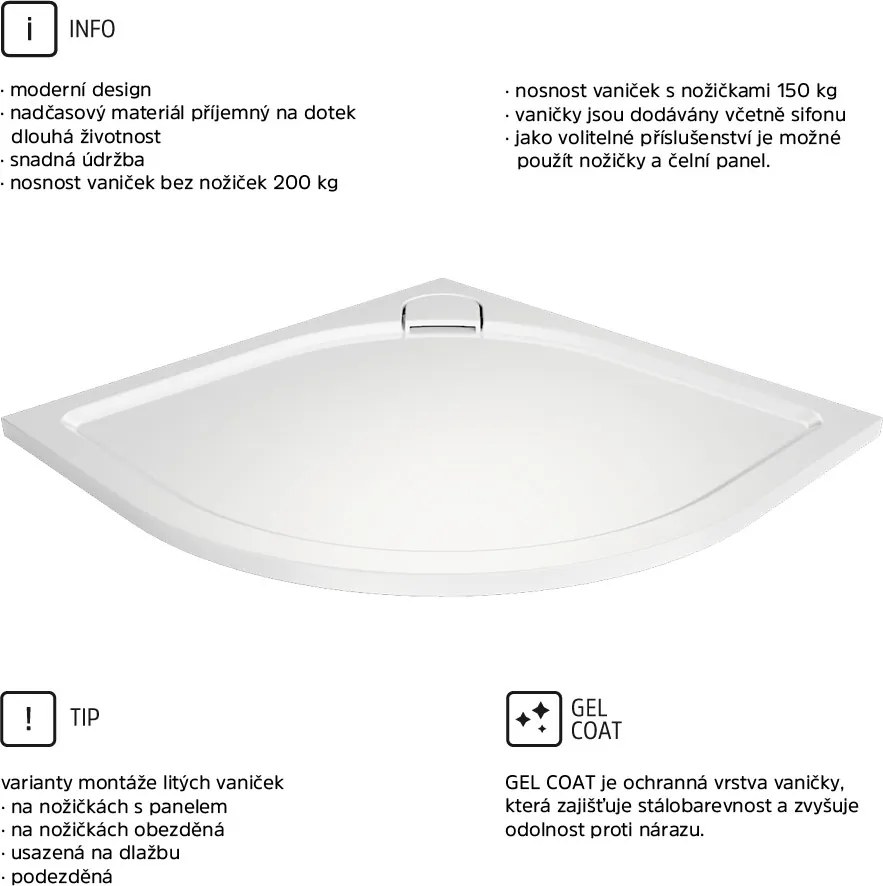 Mereo Mereo, Čtvrtkruhová sprchová vanička s oblým krytem sif., vč. sif., bez nožiček, litý mramor, CV15CS