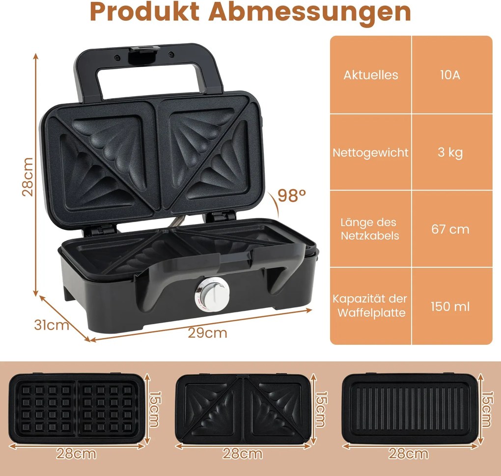 Costway 3-in-1 Vaflovač a lis na panini a sendvičovač Přenosný elektrický