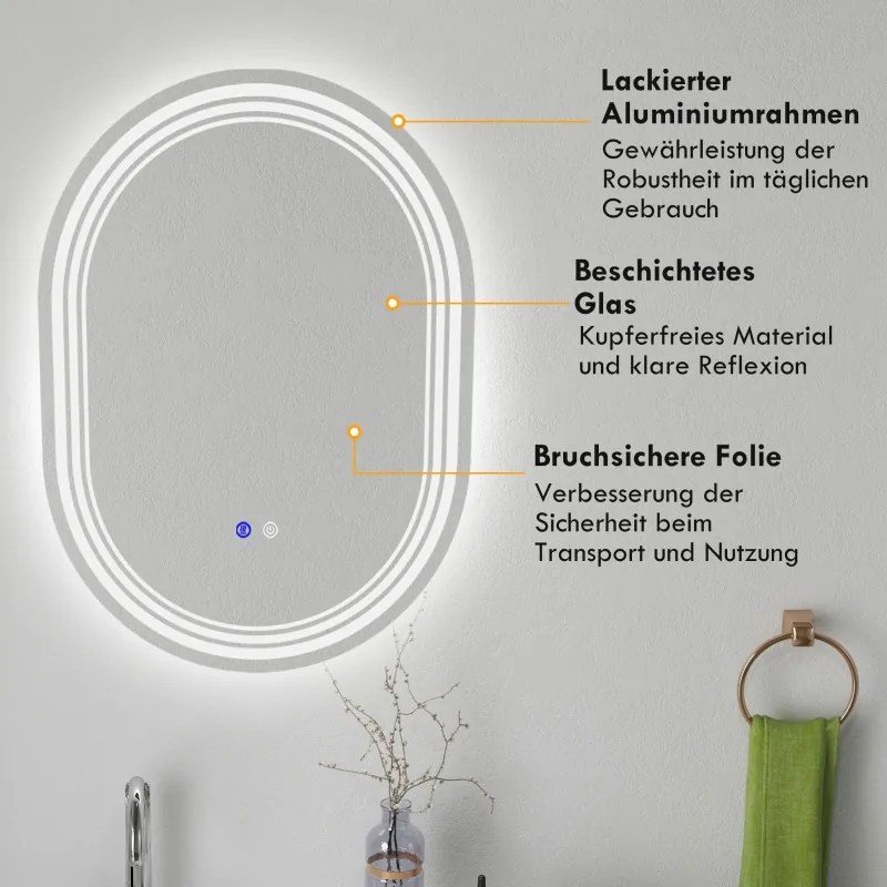 PEPU Koupelnové zrcadlo proti zamlžování LED světla 70 cm x 50 cm x 3 cm Stříbrná + bílá