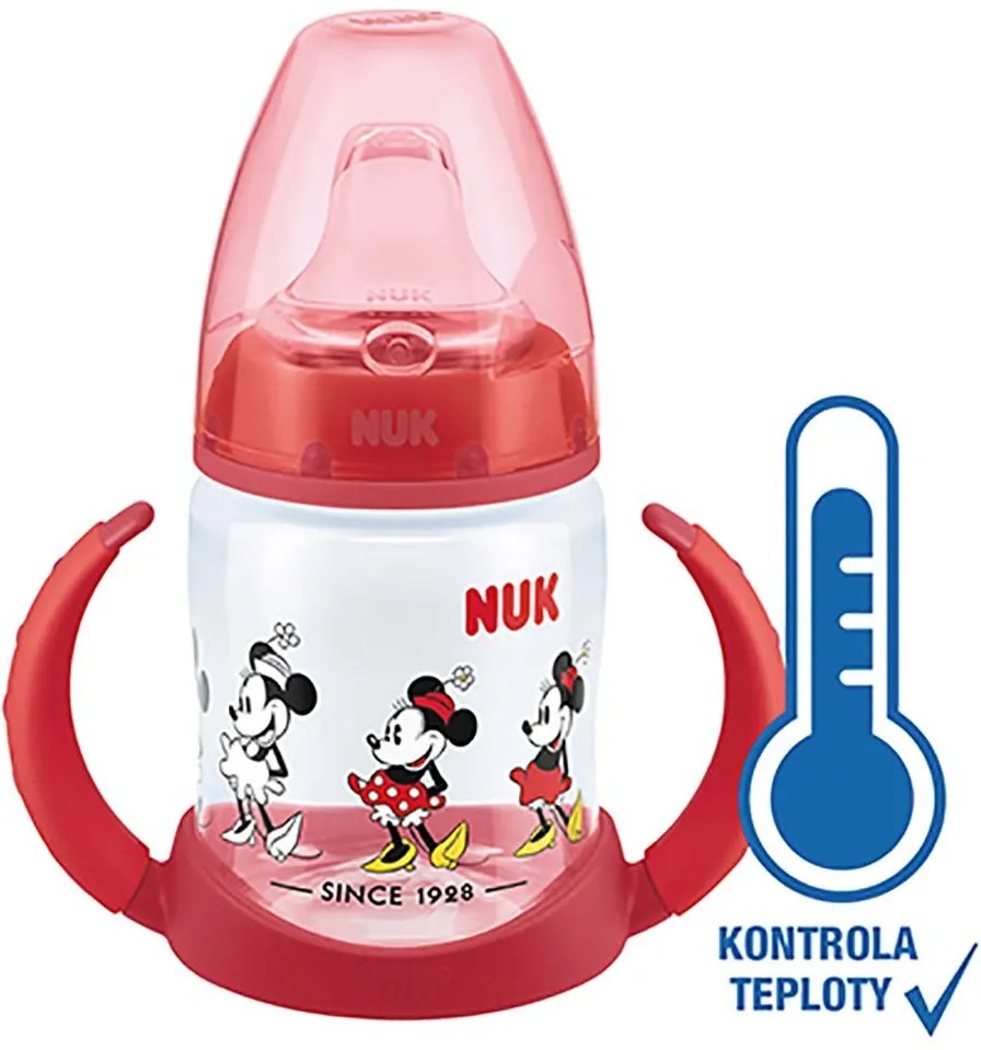 Kojenecká láhev na učení NUK Disney Mickey s kontrolou teploty 150 ml červená Červená