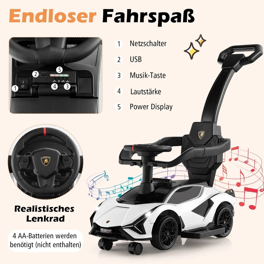 Costway 3 v 1 Lamborghini Push Car se světlomety a hudbou a úložným
