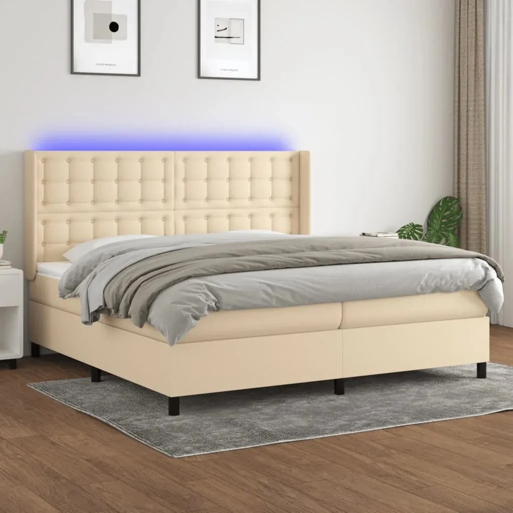 Box Spring Postel S Matrací A Led Textil Krémová tlačítka 200 x 200 cm