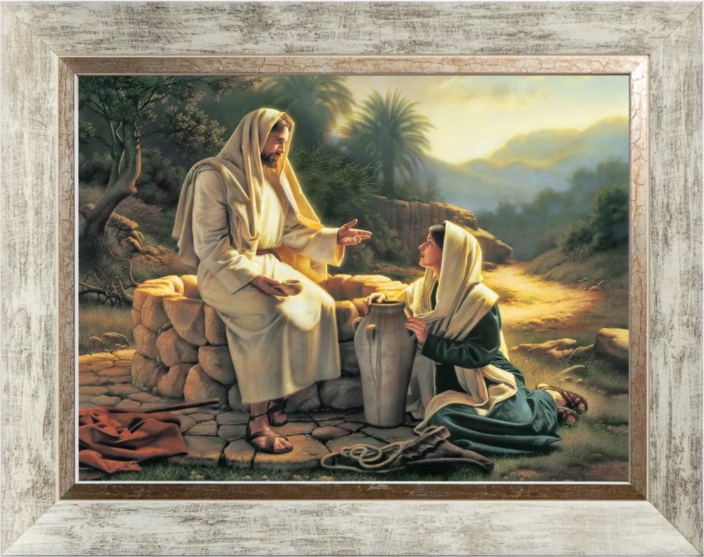 Ježiš Samaritanka U Studny, Sakrální Obraz V Bílém Ozdobném Rámu 30X40