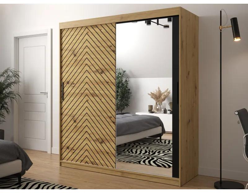 Moderní šatní skříň se zrcadlem Ratintu 2 180 cm, Úložný prostor: ano, Barva: černá / dub artisan + černá