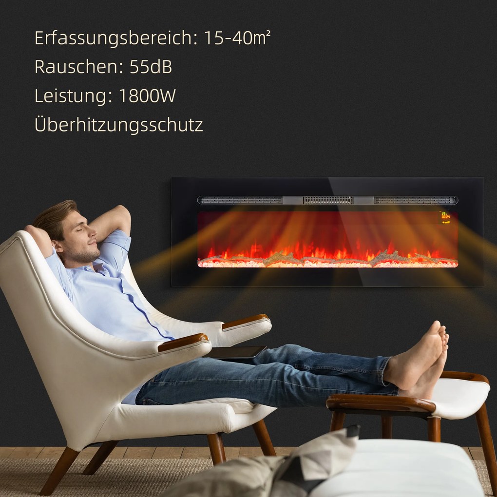 HOMCOM Elektrický krb s nástěnným držákem a dálkovým ovládáním, umělé polena a krystaly, výkon 1800W, černá 820-422V92BK