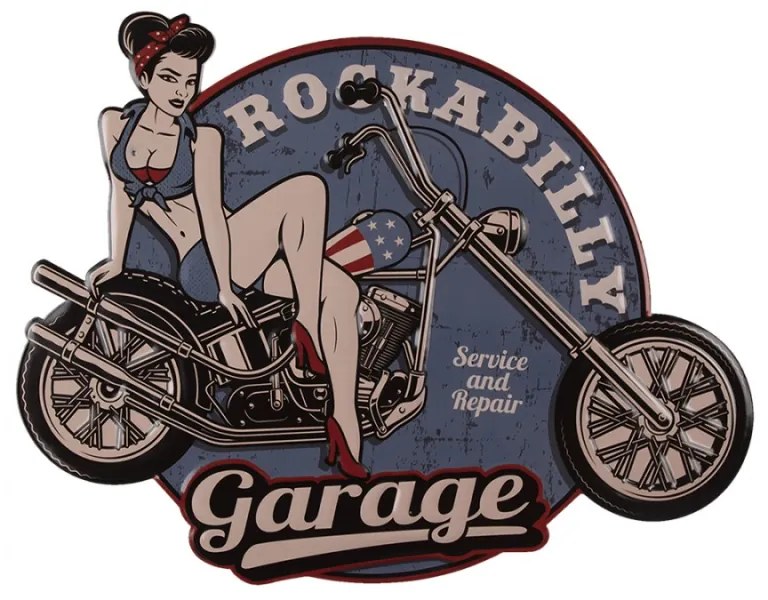 Nástěnná kovová cedule Garage se slečnou v pin-up stylu – 60x1x46 cm