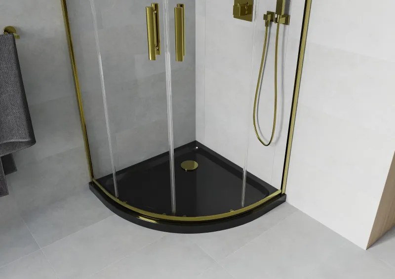 Mexen Rio, čtvrtkruhový sprchový kout s posuvnými dveřmi 90 (dveře) x 90 (dveře) x 190 cm, 5mm čiré sklo, zlatý profil + černá sprchová vanička SLIM, 863-090-090-50-00-4170G