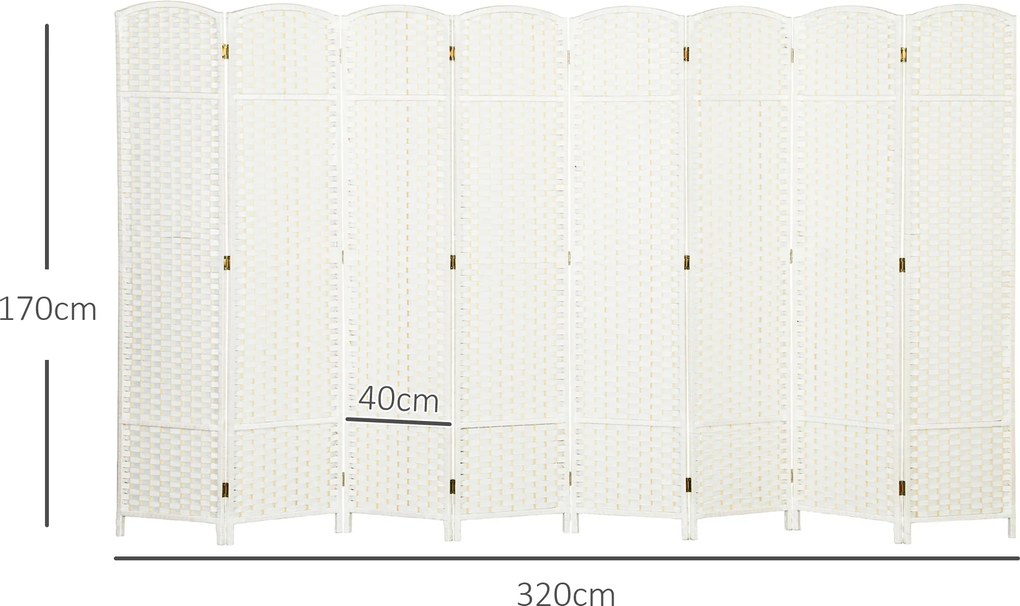 HOMCOM 8panelový paravan 320 × 170 cm – skládací s borovicovým rámem, bílý