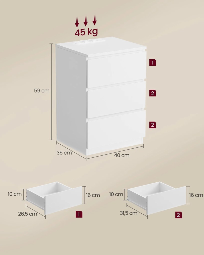 Noční stolek, boční stůl se 3 šuplíky, 2 AC zásuvkami a 2 USB porty, bílý