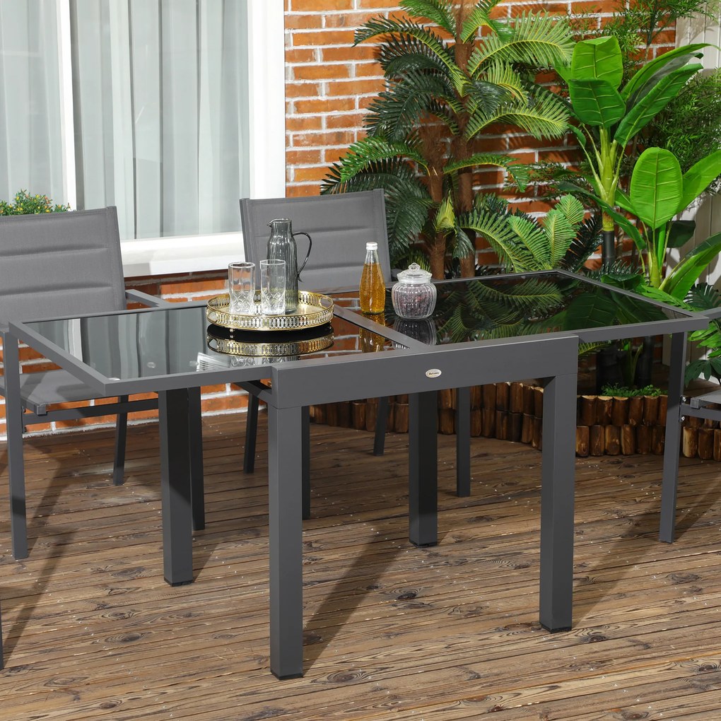 Rozkládací zahradní stůl Outsunny z hliníku s obdélníkovým tvarem a tvrzeným sklem pro 4-6 osob, nosnost 50 kg, rozměry 80-160x80x75 cm, černý