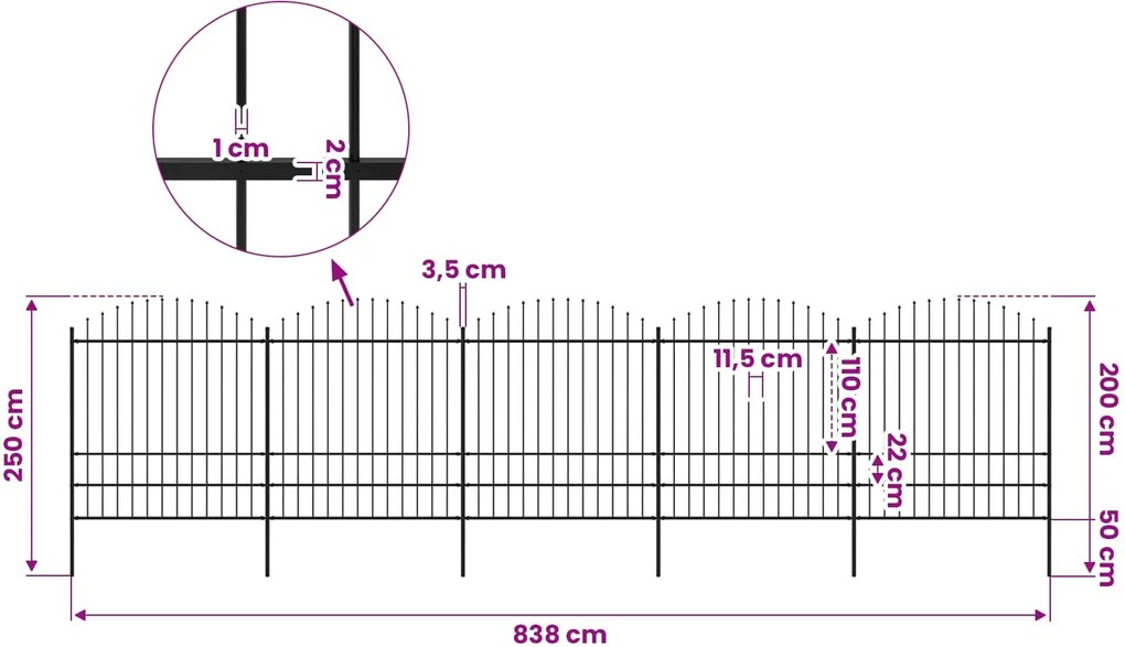 Zahradní plot s kopím nahoře ocelový 838 x 200 cm černý 277752