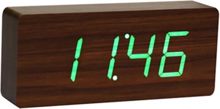 Tmavě hnědý budík se zeleným LED displejem Gingko Slab Click Clock