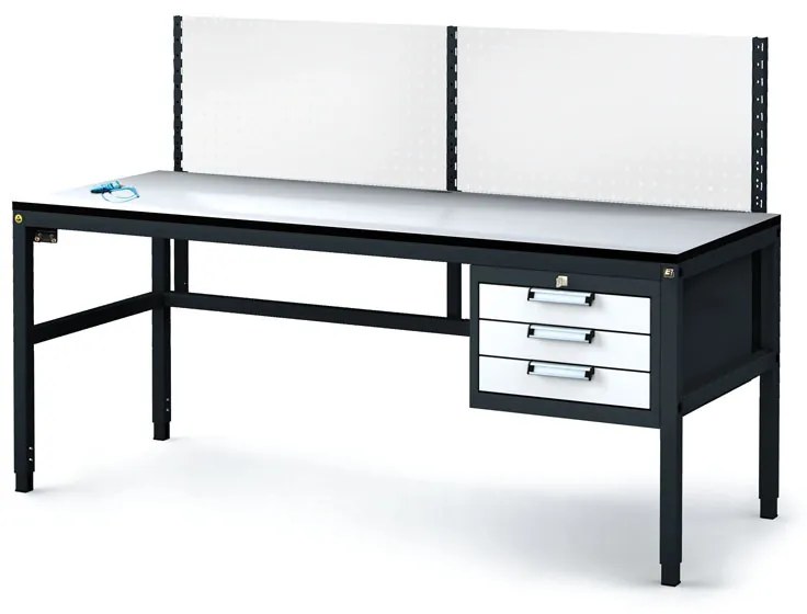 Antistatický dílenský ESD stůl s perfopanelem, 3 zásuvkový box na nářadí, 1800x800x745-985 mm