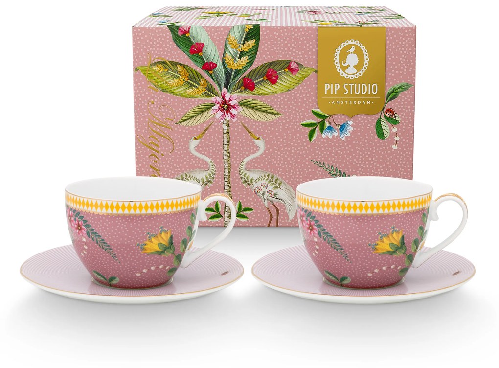 Pip Studio La Majorelle sada 2ks šálků s podšálky 270ml, růžová (sada 2 cappuccino hrnků v dárkovém balení)