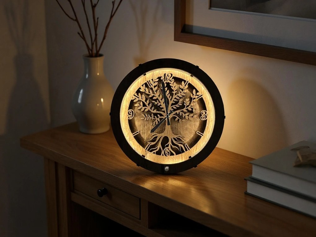 Li-Go "Strom života" světelné hodiny s powerbankou a pohybovým čidlem/dub světlý velikost svítidla/hodin: 50 cm