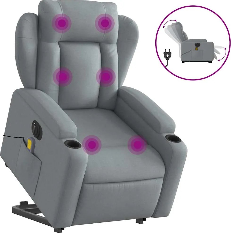 Elektrické zvedací masážní polohovací křeslo světle šedé textil 3204518
