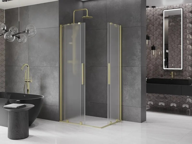 Mexen Velar Duo, sprchový kout s posuvnými dveřmi 90 x 80 cm, 8mm sklo námraza, zlatá matná, 871-090-080-32-55