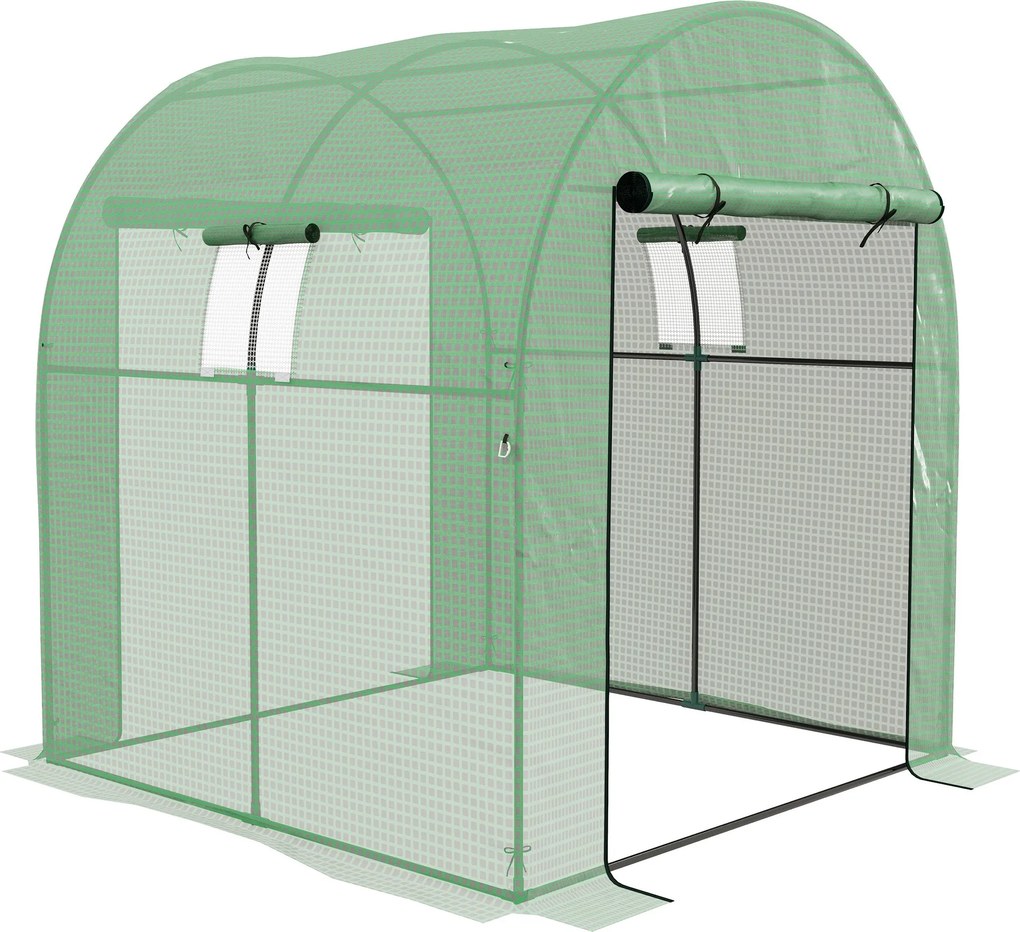 Zelený tunelový skleník Outsunny pro zahradu 1,8x1,8x2 m, UV odolný skleník se 2 rolovacími dveřmi a okny, ocel a PE | Aosom