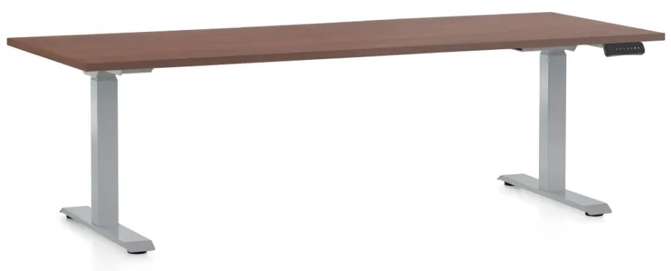 Výškově nastavitelný stůl OfficeTech D, 200 x 80 cm, šedá podnož, ořech