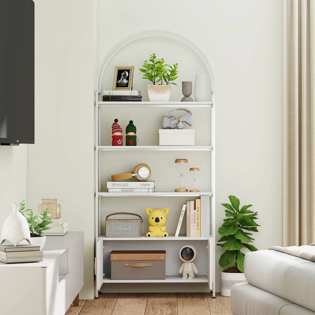 HOMCOM obloukový regál se 4 patry a dvířkovou skříňkou, 80 × 30 × 187 cm, bílá