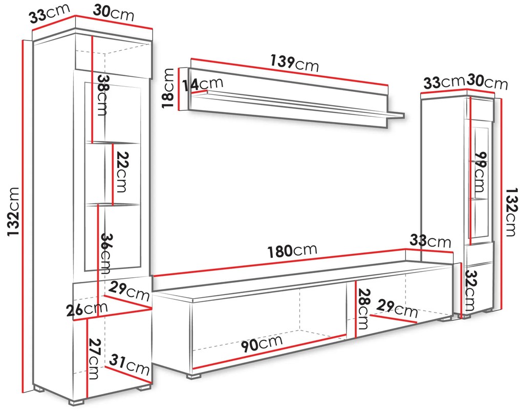 Obývací stěna s LED osvětlením WANDA 2 - černá grafitová