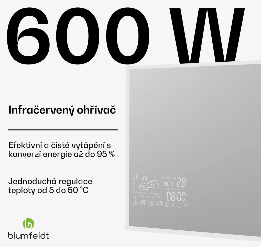 Blumfeldt Infračervený ohřívač, Smart Mirror, Infračervené záření, 600 W, IP43