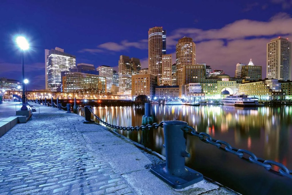 DIMEX | Samolepicí vliesová fototapeta na zeď Financial District, Boston MA-5-2938 | 375 x 250 cm | modrá, bílá, černá, žlutá, hnědá