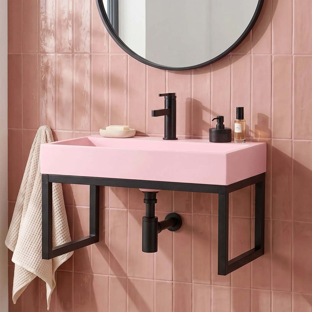 Rea Goya, umyvadlo z konglomerátu s černou konzolou, 60 cm, růžová matná, KPL-U4411