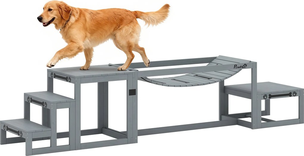 PawHut 3dílná agility sada pro psy — smrkový most, žebřík a plošina pro střední a velké psy do 40 kg, šedá | Aosom
