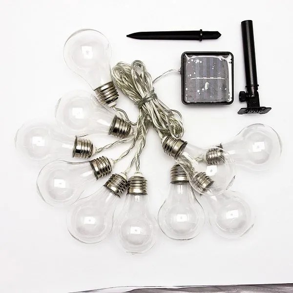 LED party girlanda solární, 5 m, venkovní, teple bílá, 10 diod, průhledné baňky, čirý kabel, IP44