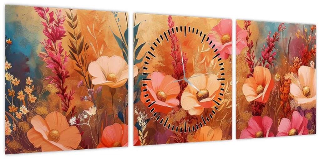 Obraz - Luční kvítí, malba (s hodinami) (90x30 cm)