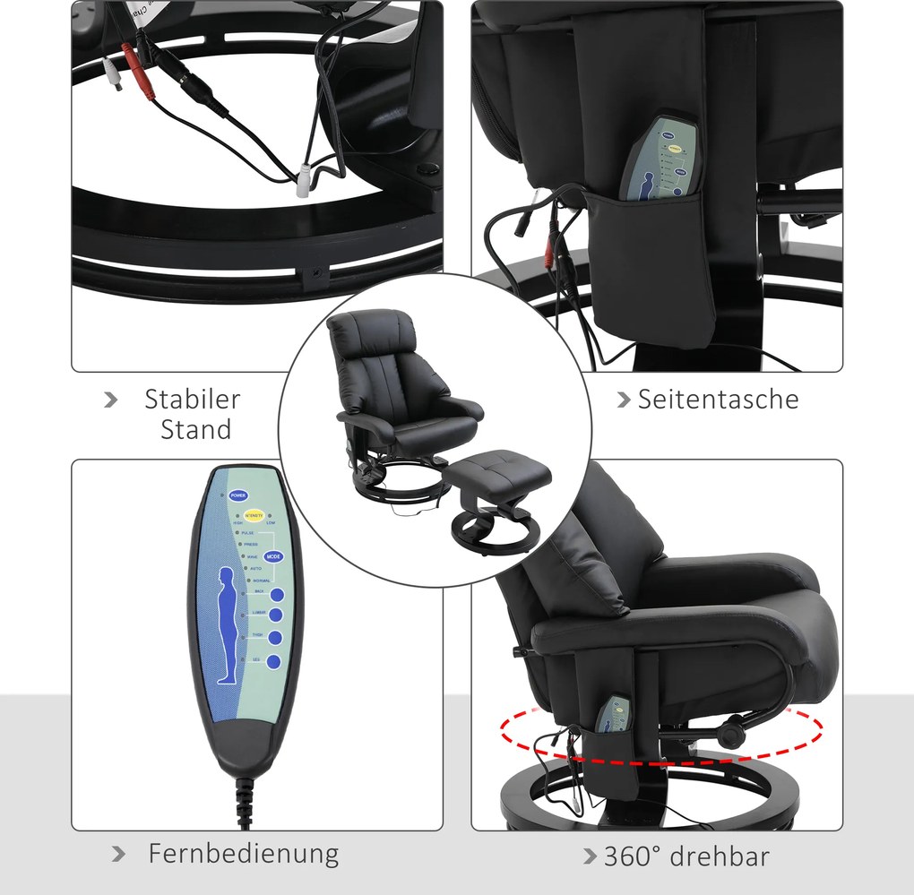 Televizní křeslo HOMCOM s funkcí polohování, hluboké čalounění, vysoký opěrák a područky, otočné o 360°, imitace kůže, 76L x 80W x 102H cm, černá | A…