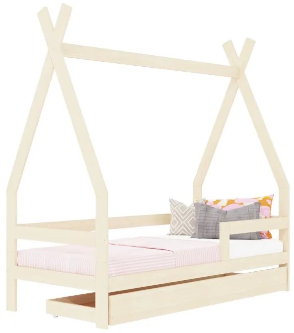 Benlemi Dětská dřevěná postel SAFE 5v1 ve tvaru teepee se zábranou a úložným šuplíkem Zvolte barvu: Béžová, Zvolte rozměr: 90x190 cm, Zvolte zábranu: Se dvěma zábranami