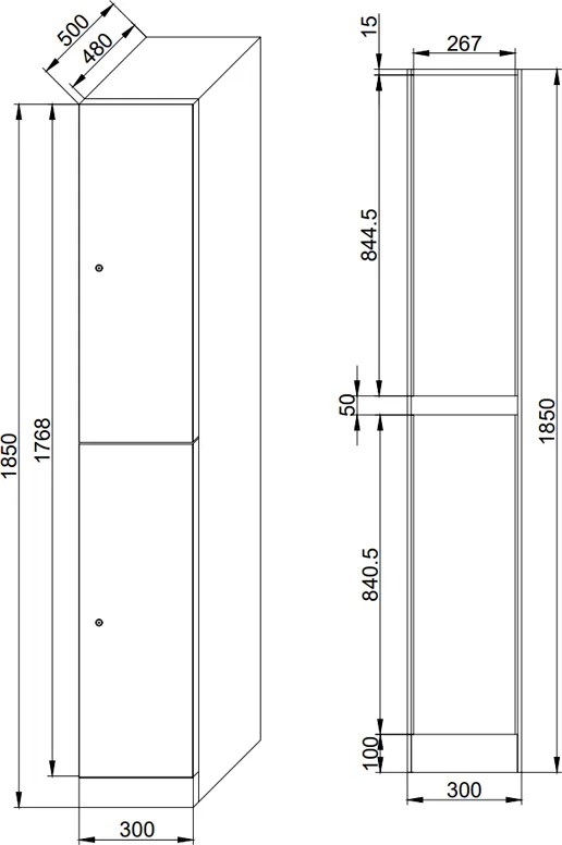 Šatní skříňka S1 s úložnými boxy, 2 boxy, 1850 x 300 x 500 mm, cylindrický zámek, laminované dveře, dub přírodní