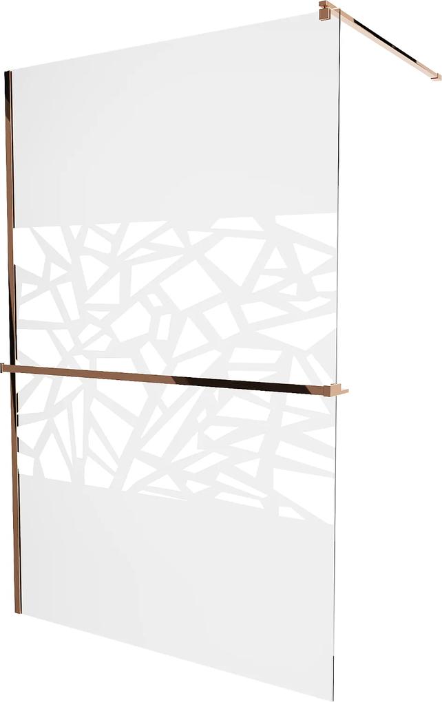 Mexen Kioto+, sprchová zástěna s poličkou a držákem na ručníky 140 x 200 cm, 8mm čiré sklo vzor bílý, profil růžové zlato, 800-140-121-60-85