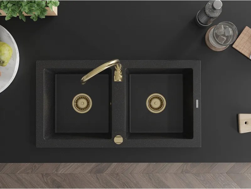 Mexen Mario, granitový dřez 820x436x161 mm, 2-komorový, černá-stříbrná metalíza se zlatým sifonem, 6504822000-73-G