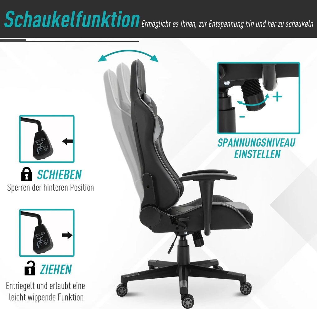 Ergonomická kancelářská židle Vinsetto herní otočná židle z umělé kůže a pěny černá 67,5x74x126-136 cm pro pohodlnou práci a hraní | Aosom.de