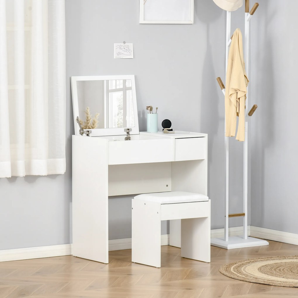 HOMCOM Moderní toaletní stolek 80Š x 40H x 79V cm se sklopným zrcadlem, zásuvkou a úložným prostorem + stůl
