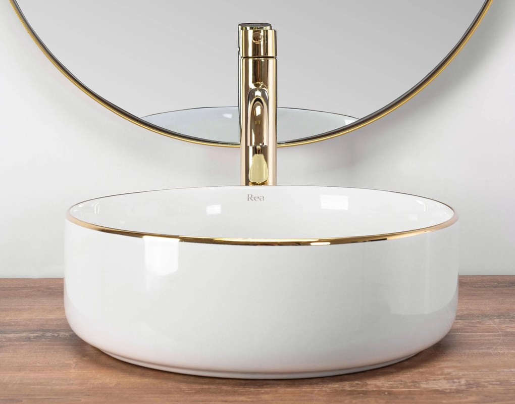 Rea Sami Gold Edge, umyvadlo na desku 36x36 cm, bílá-zlatá, REA-U6758