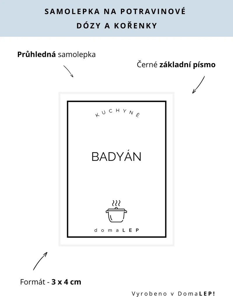 Samolepka na kořenky BADYÁN průhledná 3 × 4 cm základní písmo