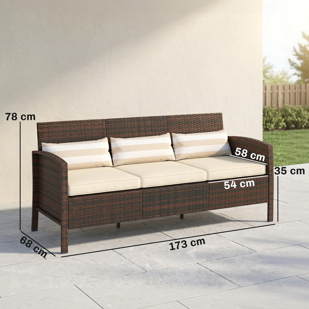 Outsunny Zahradní ratanová pohovka Outsunny, třímístná, s polštáři, ocelový rám, hnědá, 173x68x78 cm, ideální na terasu a zahradu |